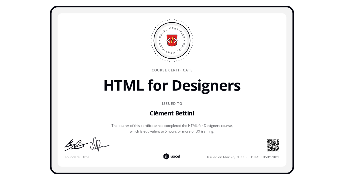 Certificate of completion for HTML Foundations | Uxcel